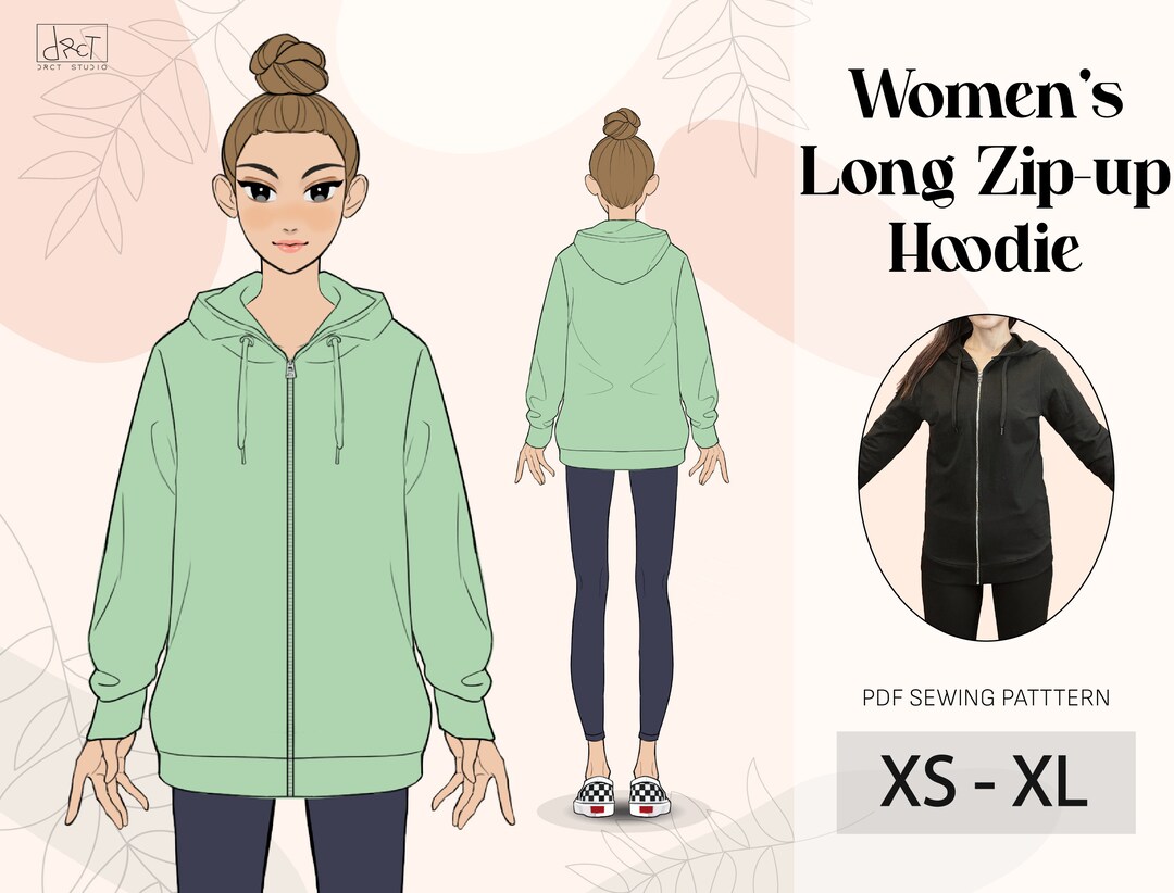 Long Zip-up Hoodie Sewing Pattern | Oversize XS-XL | A4 / A0 / Letter ...