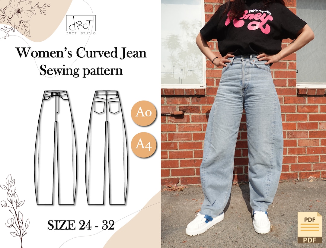 Women’s Curved Jeans Pattern PDF, High Waist Denim Pants Sewing Pattern ...