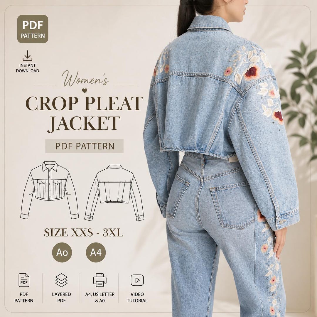Women’s Crop Pleat Denim Jacket Sewing Pattern | A4 / A0 | XXS–3XL ...