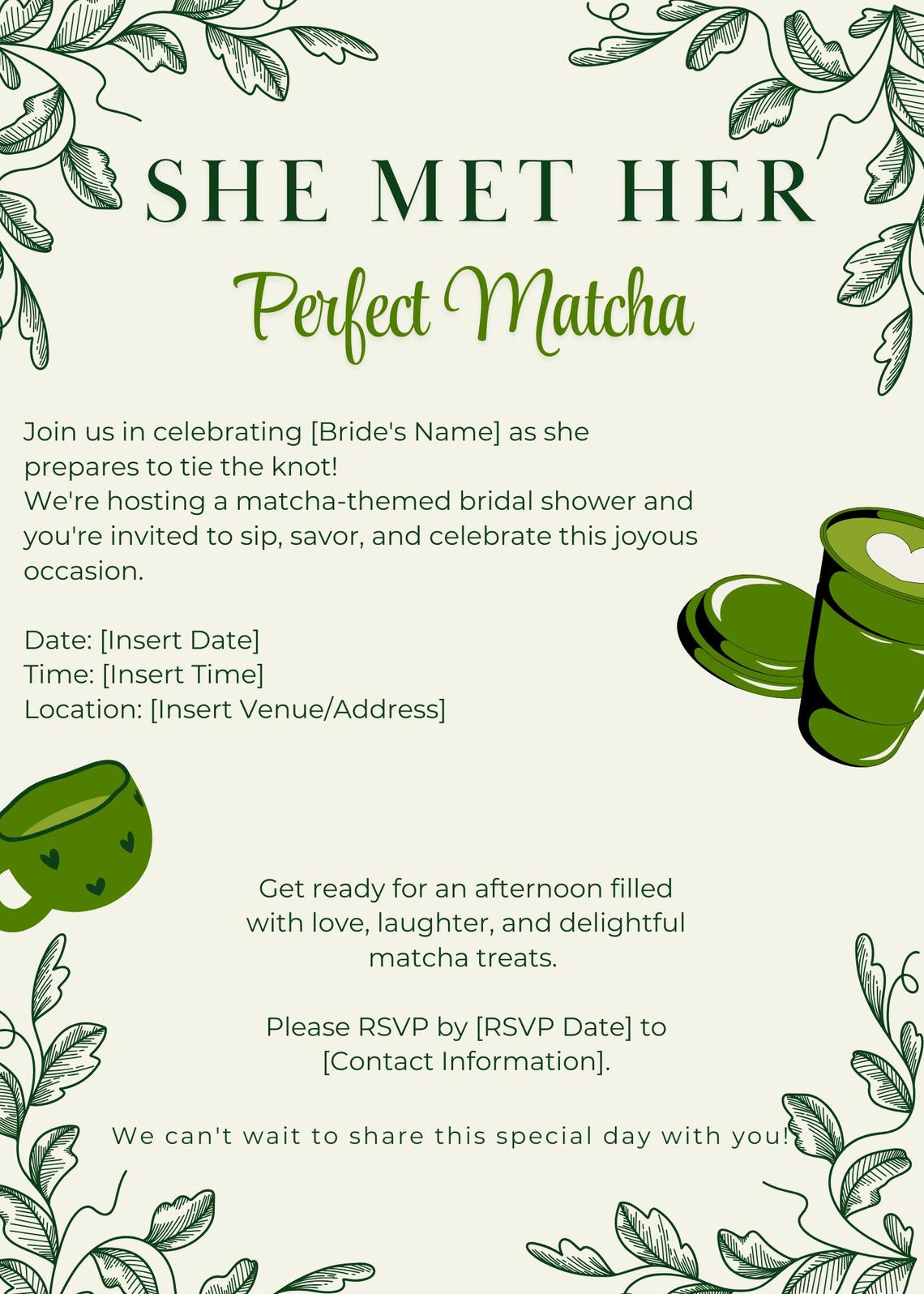 Matcha-themed Bridal Shower Invitation | Elegant Green Tea Bridal ...