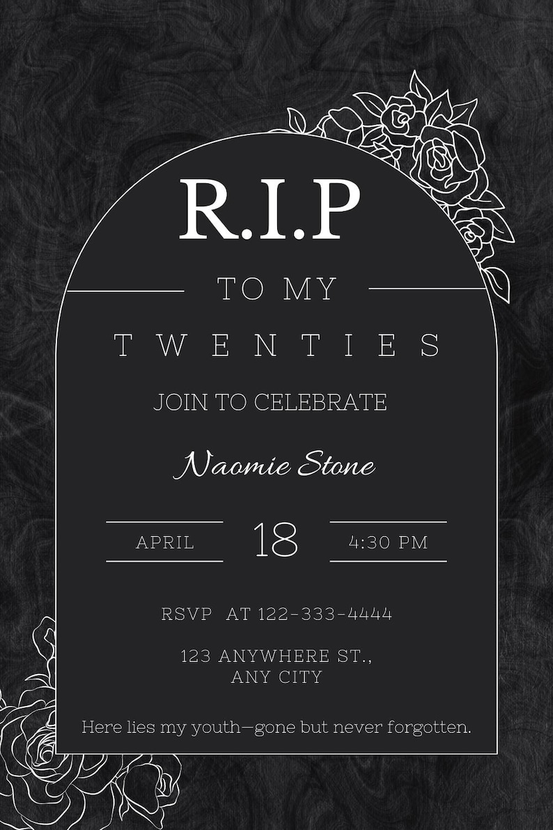 RIP to My 20s Birthday Invitation | Elegant Black & White 30th Party ...