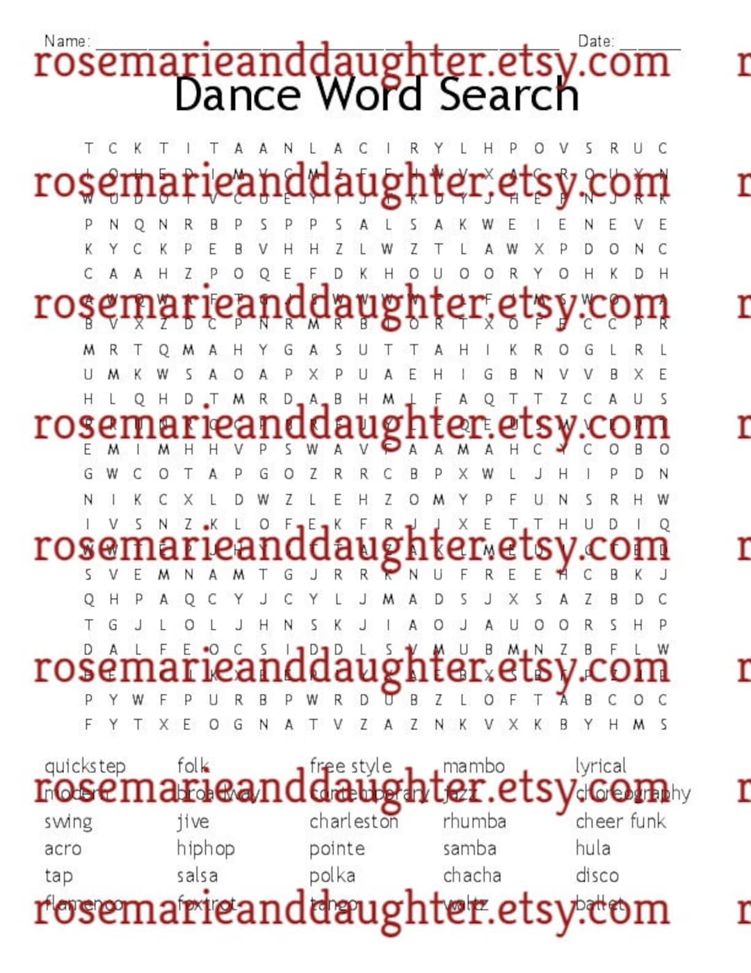 Dance Word Search - Education/party/class Game, Download - Etsy