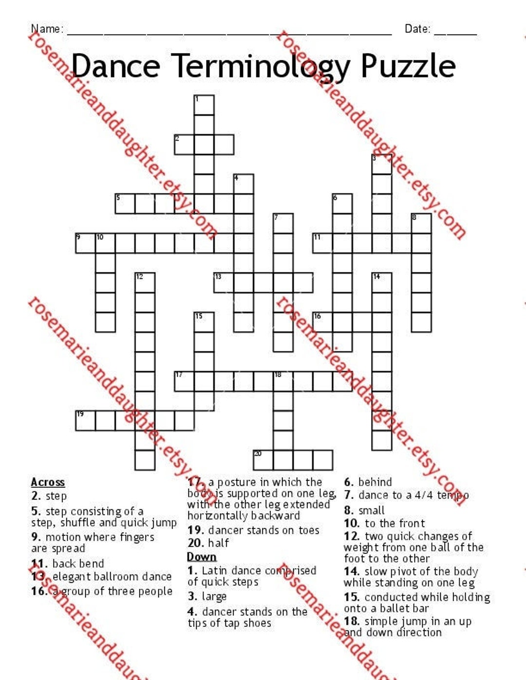 Dance Terminology Puzzle - A Fun Crossword Puzzle With Answer Key - Etsy