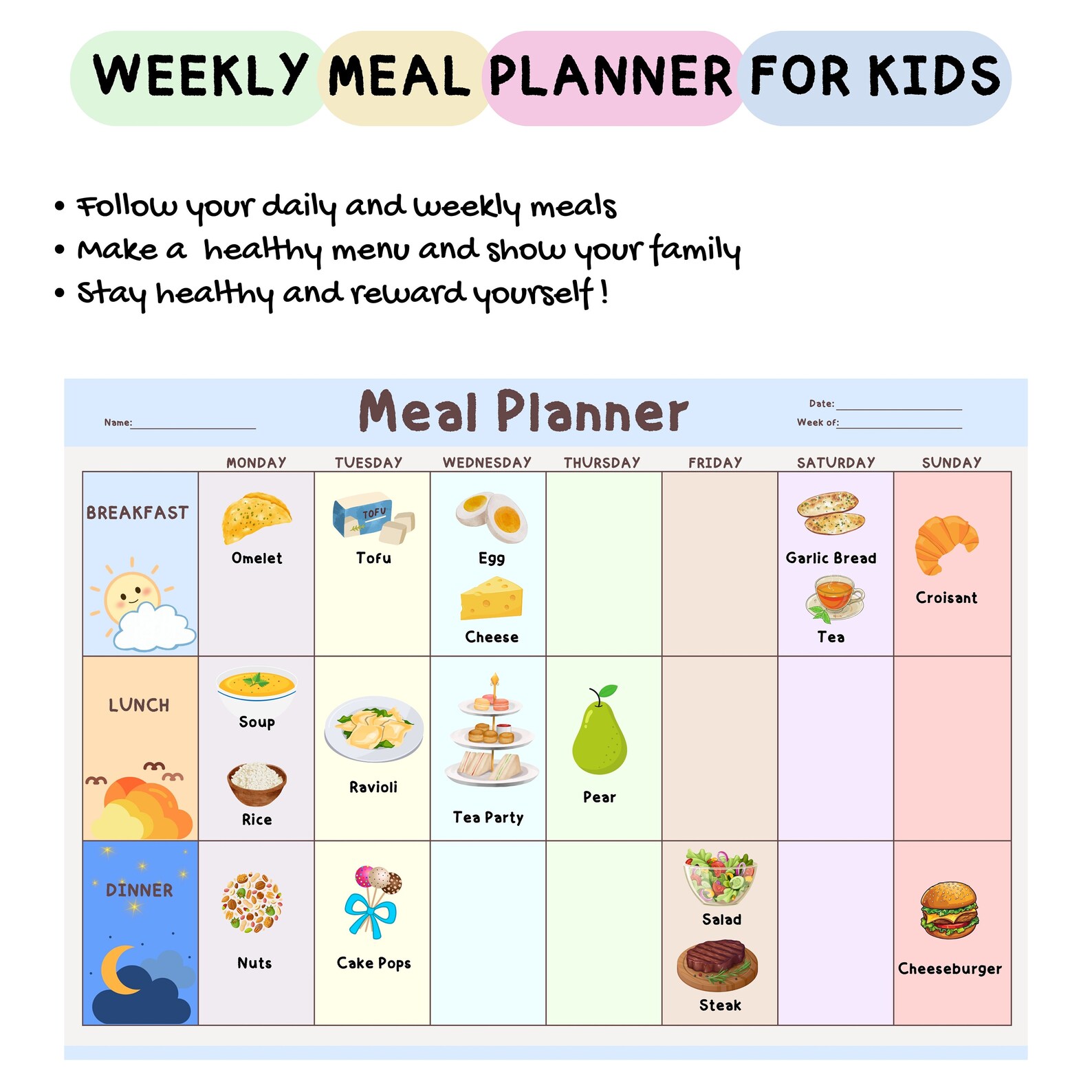 Kid Meal Planner Food Diary Meal Menu Printable for Kid Food Journal ...