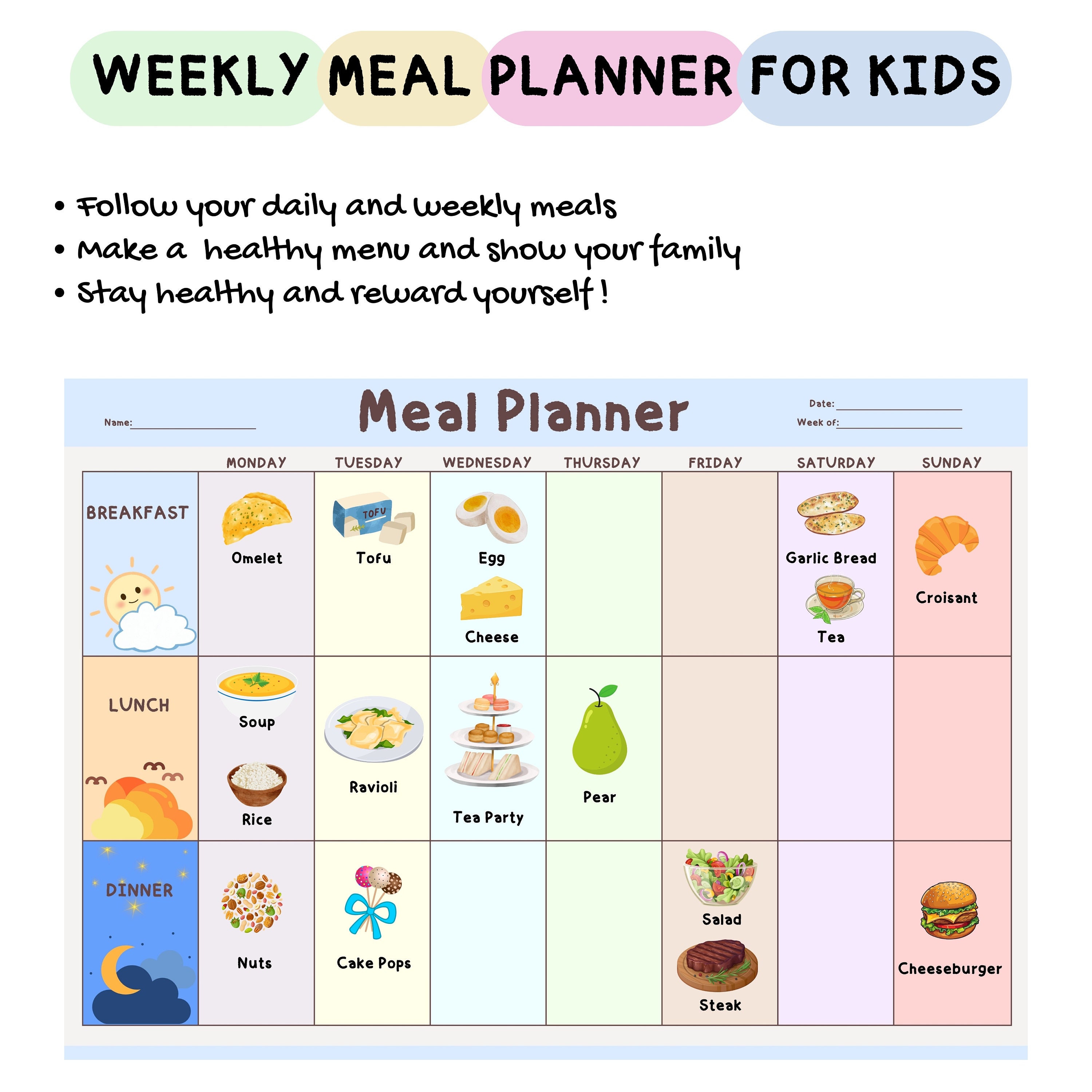 Kid Meal Planner Food Diary Meal Menu Printable for Kid Food Journal ...