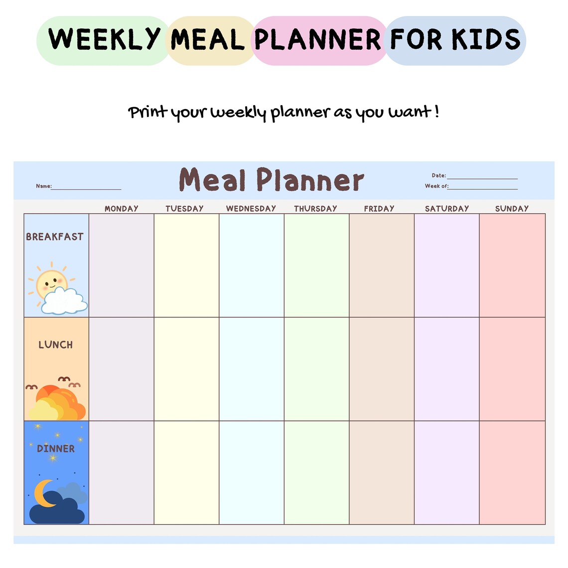Kid Meal Planner Food Diary Meal Menu Printable for Kid Food Journal ...