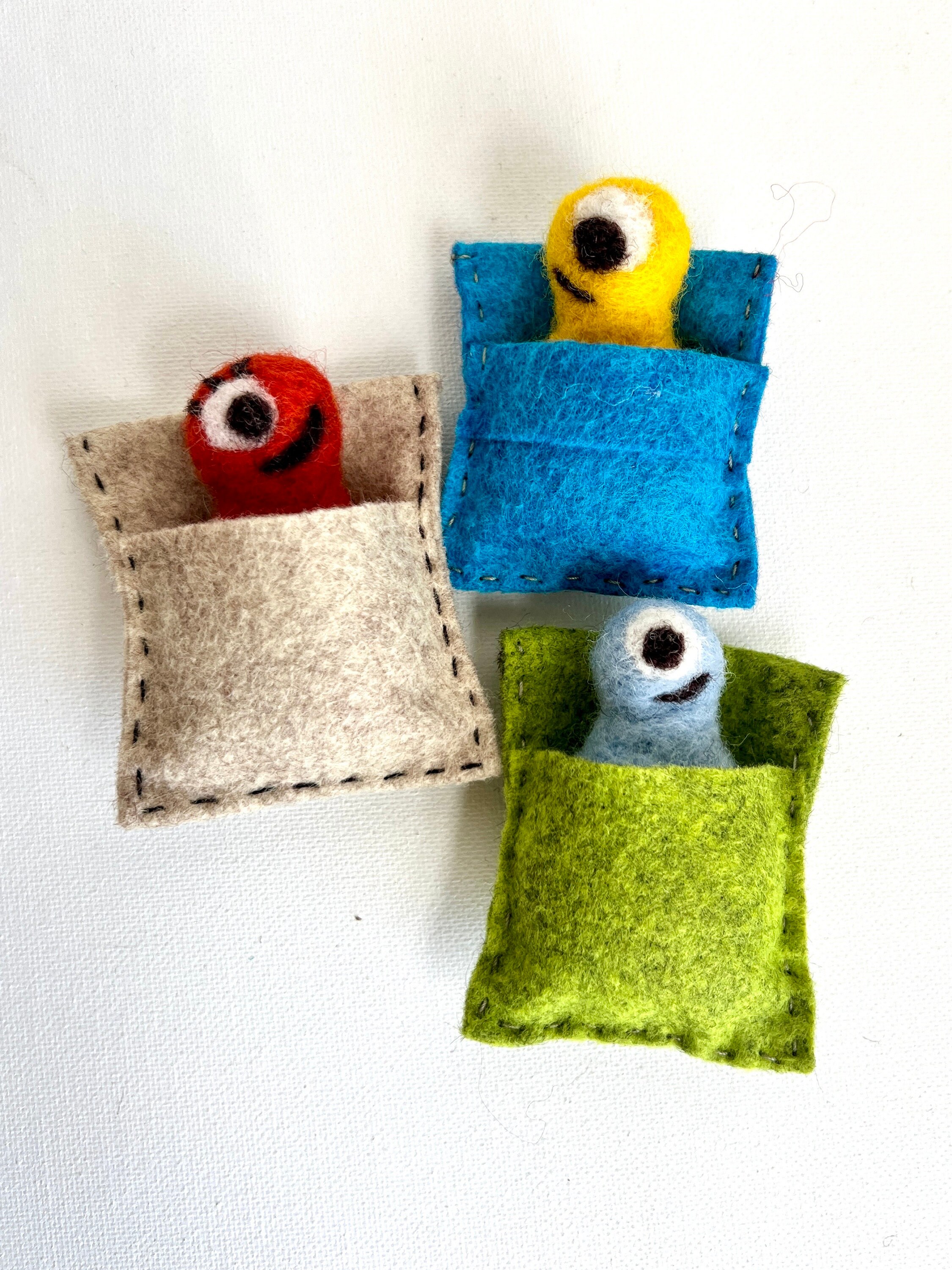 Needle Felted Wool Mini Monster in a Felt Sleeping Bag; Great Gift ...