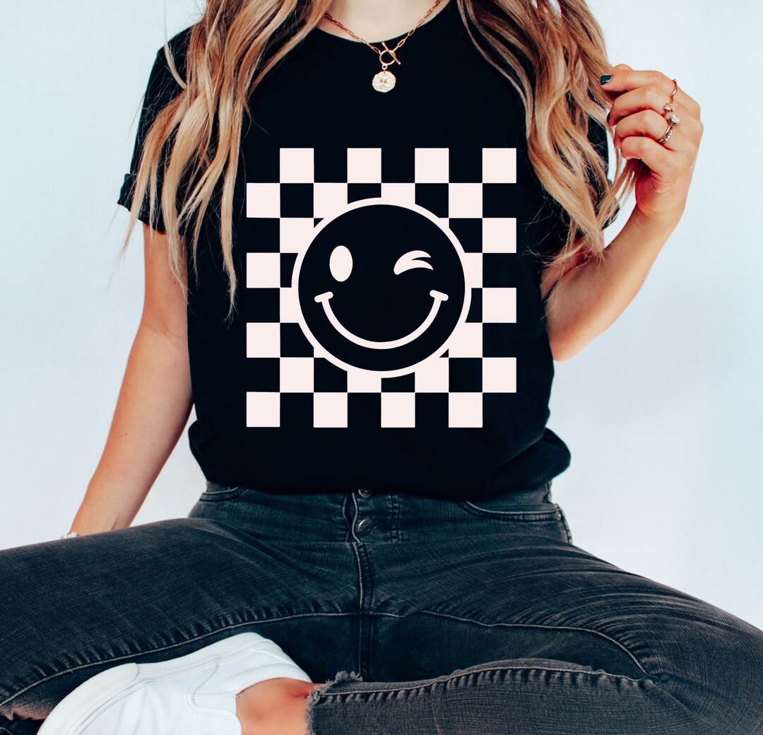 Retro Smiley Face, Checkerboard Shirt, Smiley Checkerboard Face Tee ...
