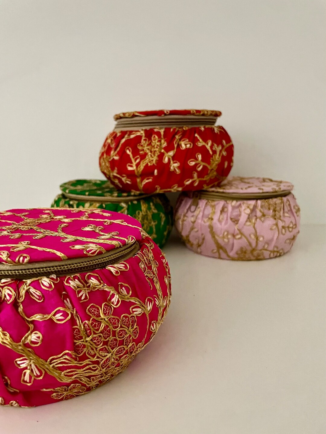 Small Round Mutki Gift Boxes Shagan Mithai Silk Embroidered Indian ...