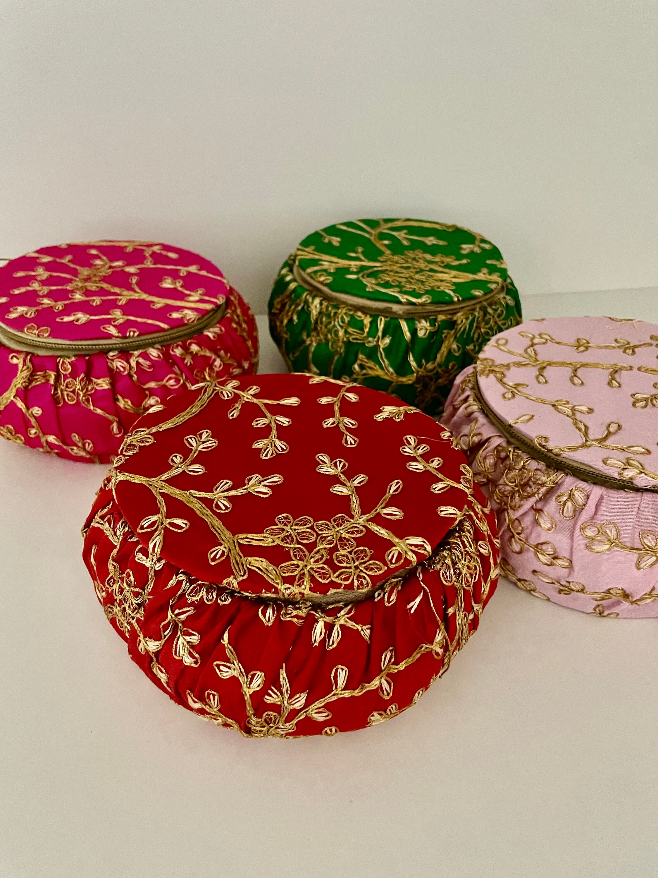 Small Round Mutki Gift Boxes Shagan Mithai Silk Embroidered Indian ...