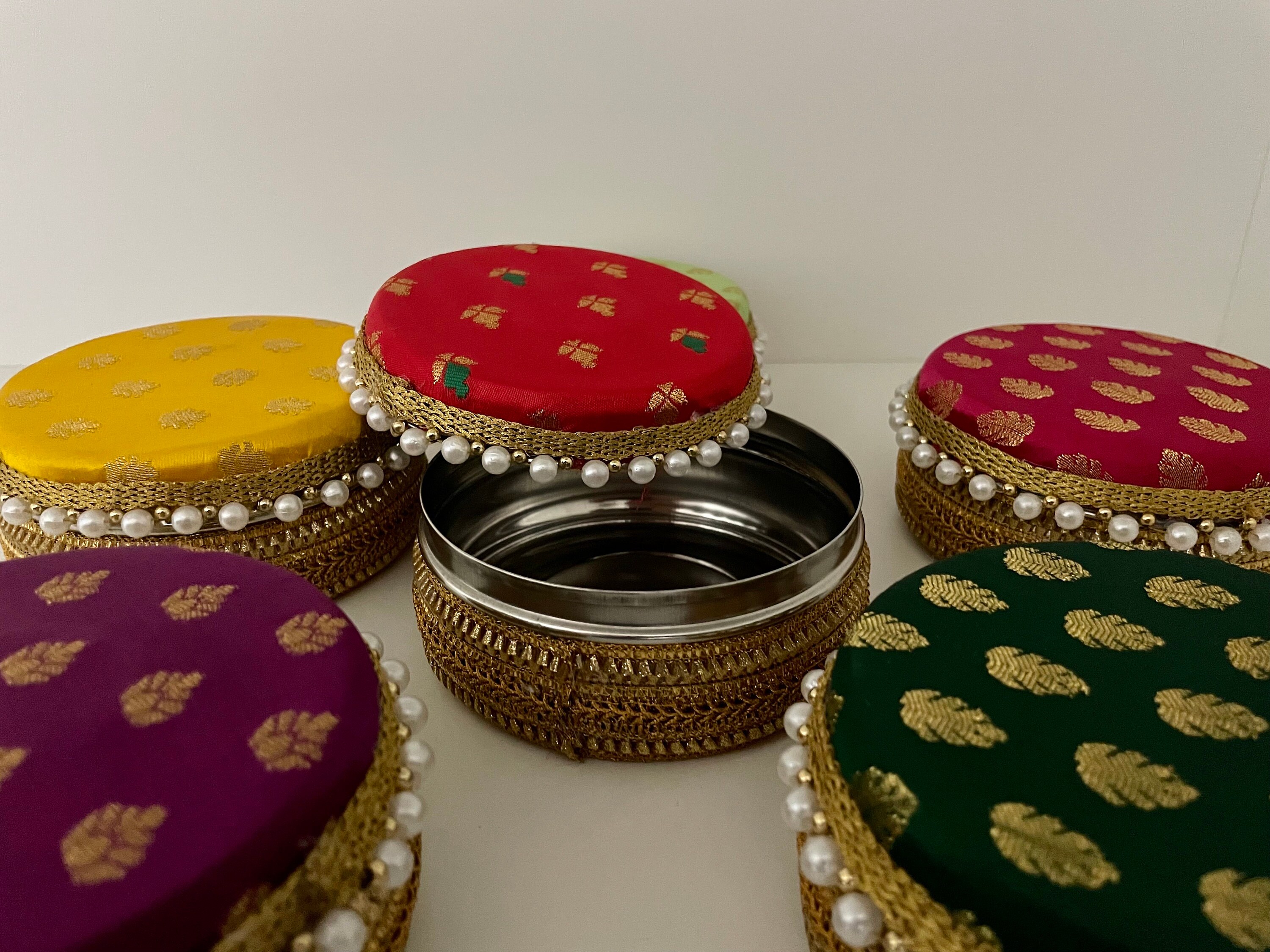 Decorative Steel Boxes Shagan Mithai Silk Embroidered Indian Wedding ...