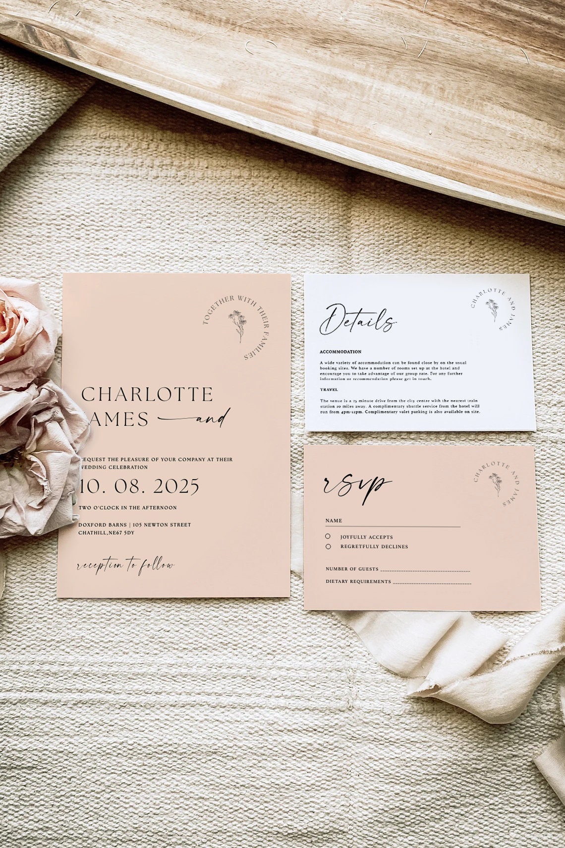 Peach Wedding Invitation Template 3x Piece Set Personalised Digital ...