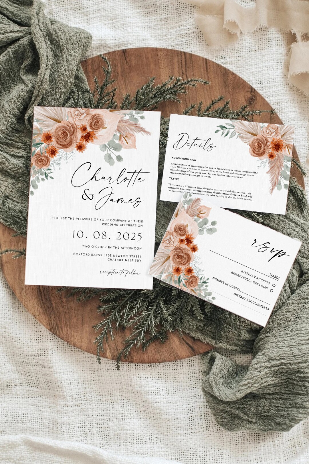 Floral Wedding Invitation Template 3x Piece Set | Personalised ...