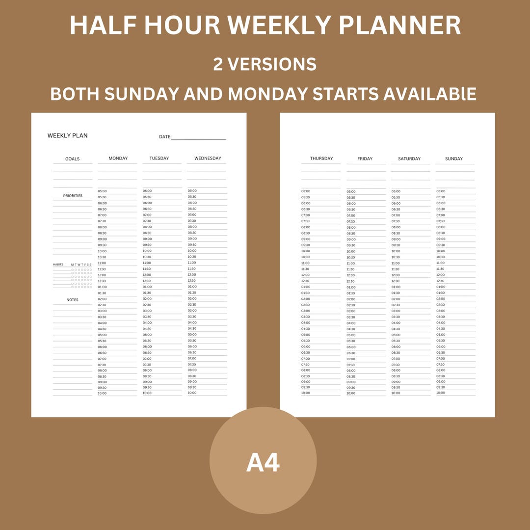 Printable Half Hourly Weekly Planner on 2 Pages, Daily Planner, Hourly ...