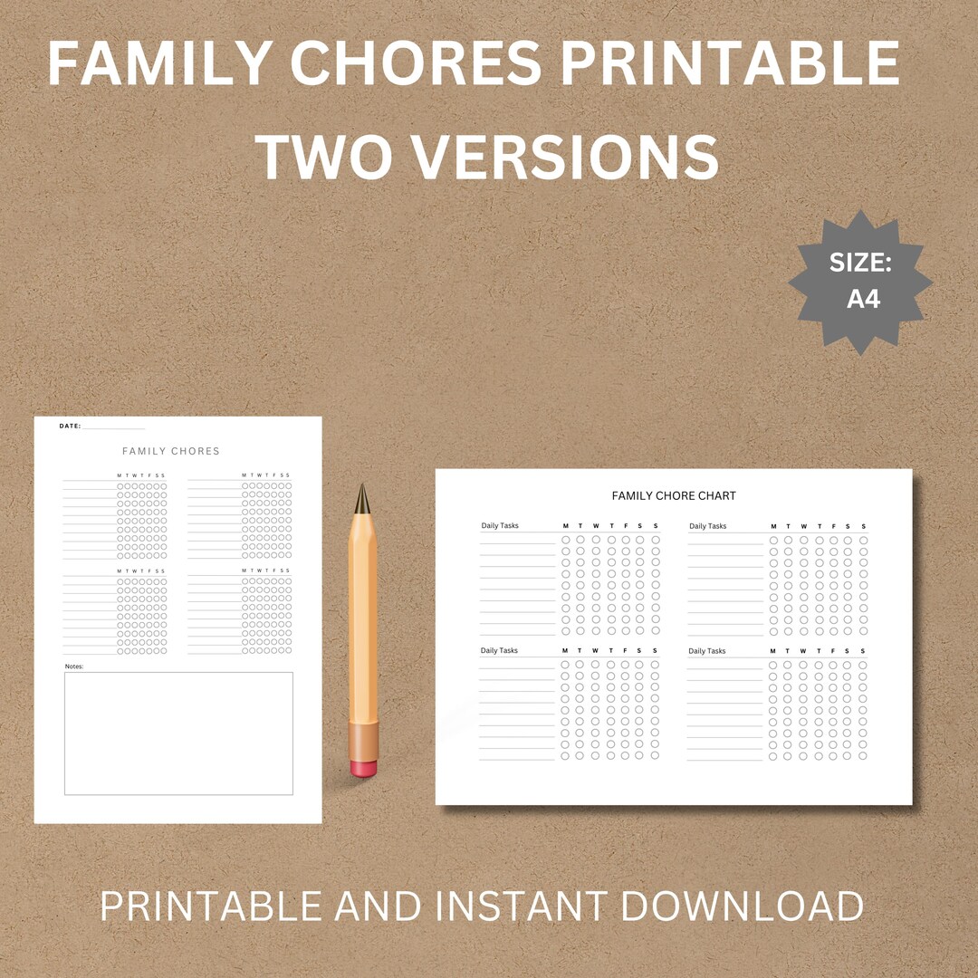 Family Chore Chart for 4 Kids / Adults Printable Template, Weekly ...