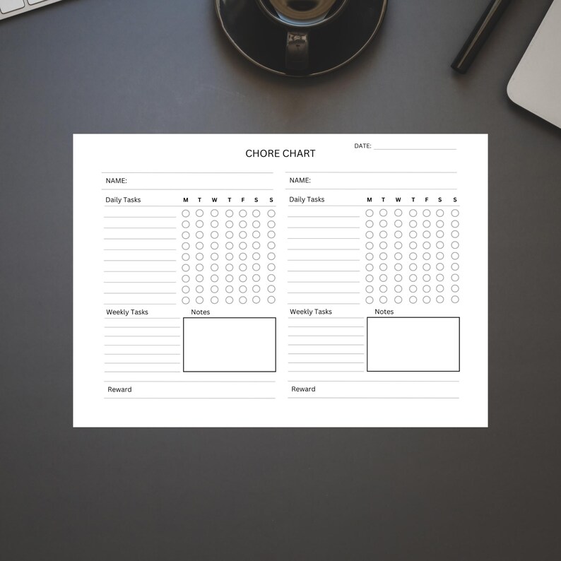 Chore Chart for 2 Kids / Adults Printable Template, Weekly Household ...