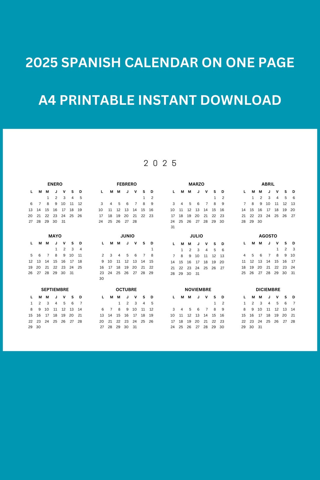 Printable 2025 Year Calendar Spanish Version Landscape Instant Download ...