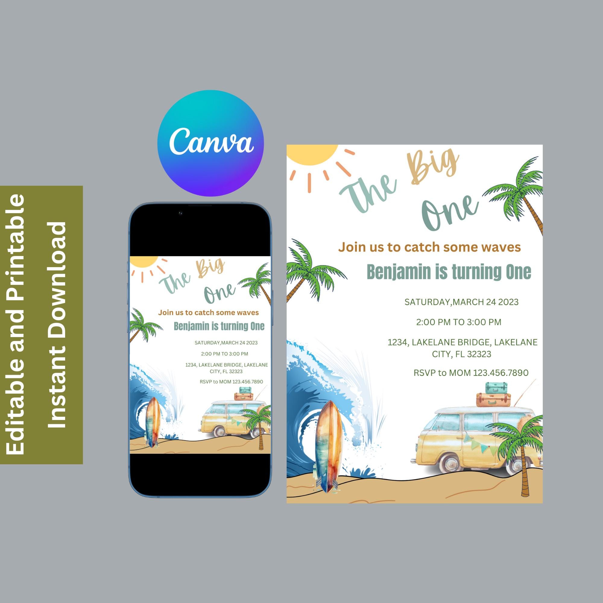 Editable the Big One Surfs up Birthday Invitation Template Editable in ...