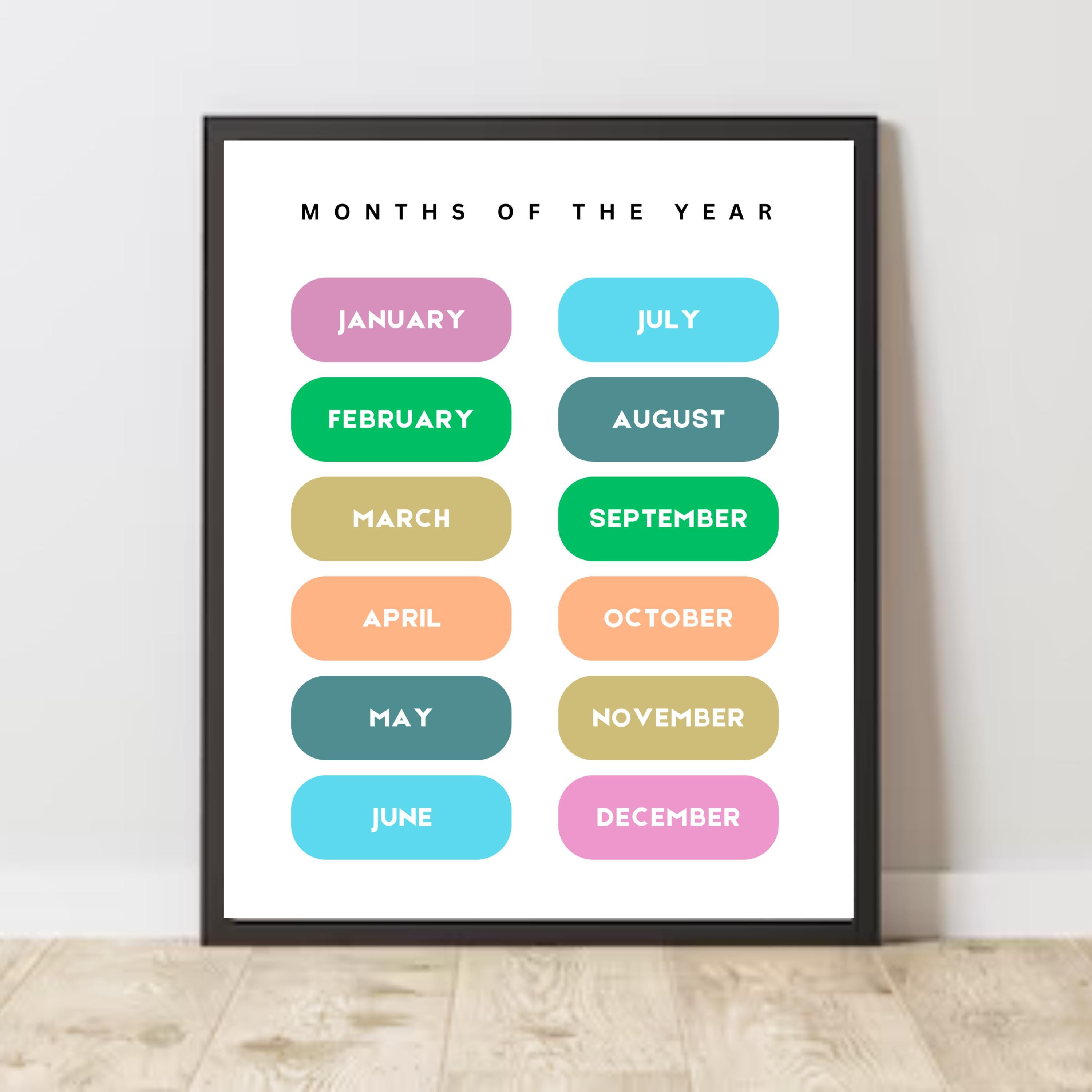 Months of the Year Poster, Playroom Educational Poster, Rainbow Nursery ...