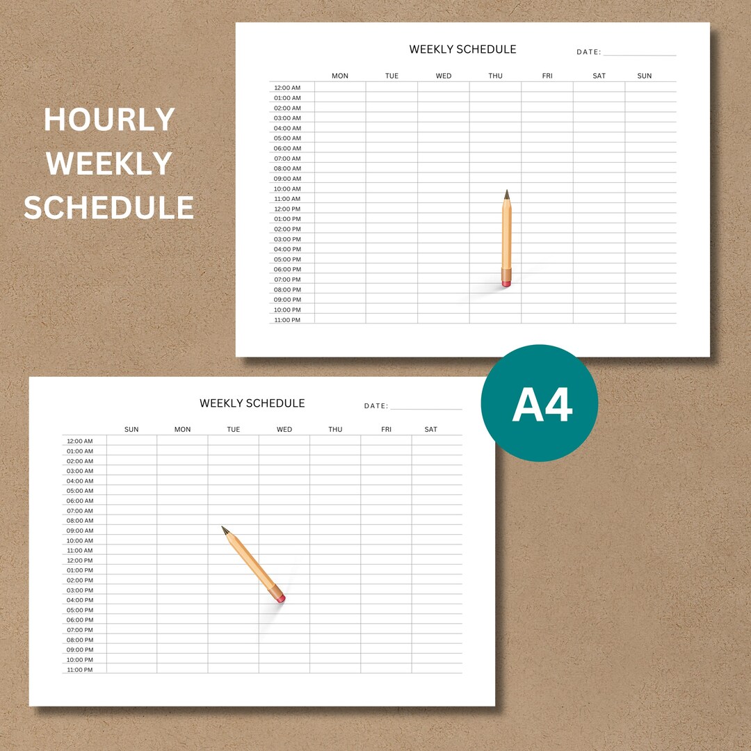 Hourly Weekly Schedule Landscape, 24 Hours Printable Weekly Planner ...