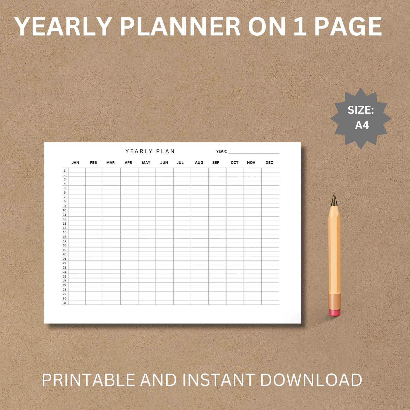 Printable Yearly Planner on 1 Page Landscape, Year at a Glance ...
