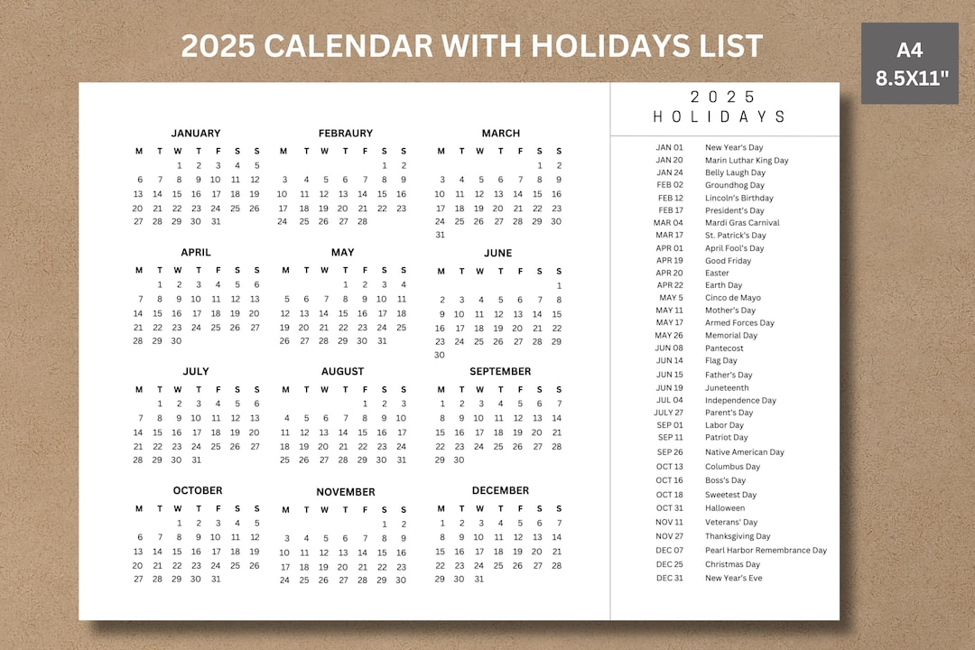 2025 Year Calendar With Holidays on One Page, Printable, Landscape ...