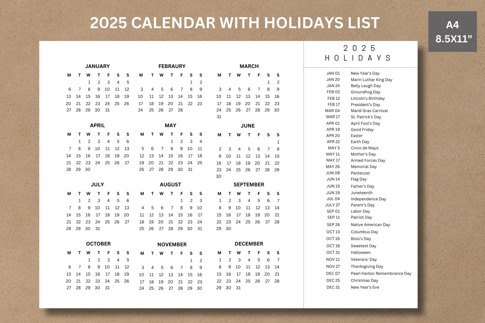 2025 Year Calendar With Holidays on One Page, Printable, Landscape ...