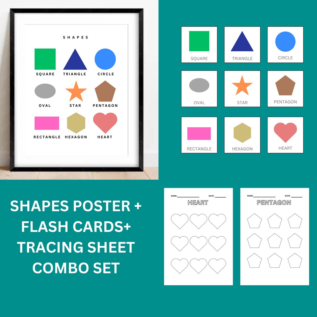 Shapes Educational Print, Tracing Sheet and Flash Card Set, Nursery ...
