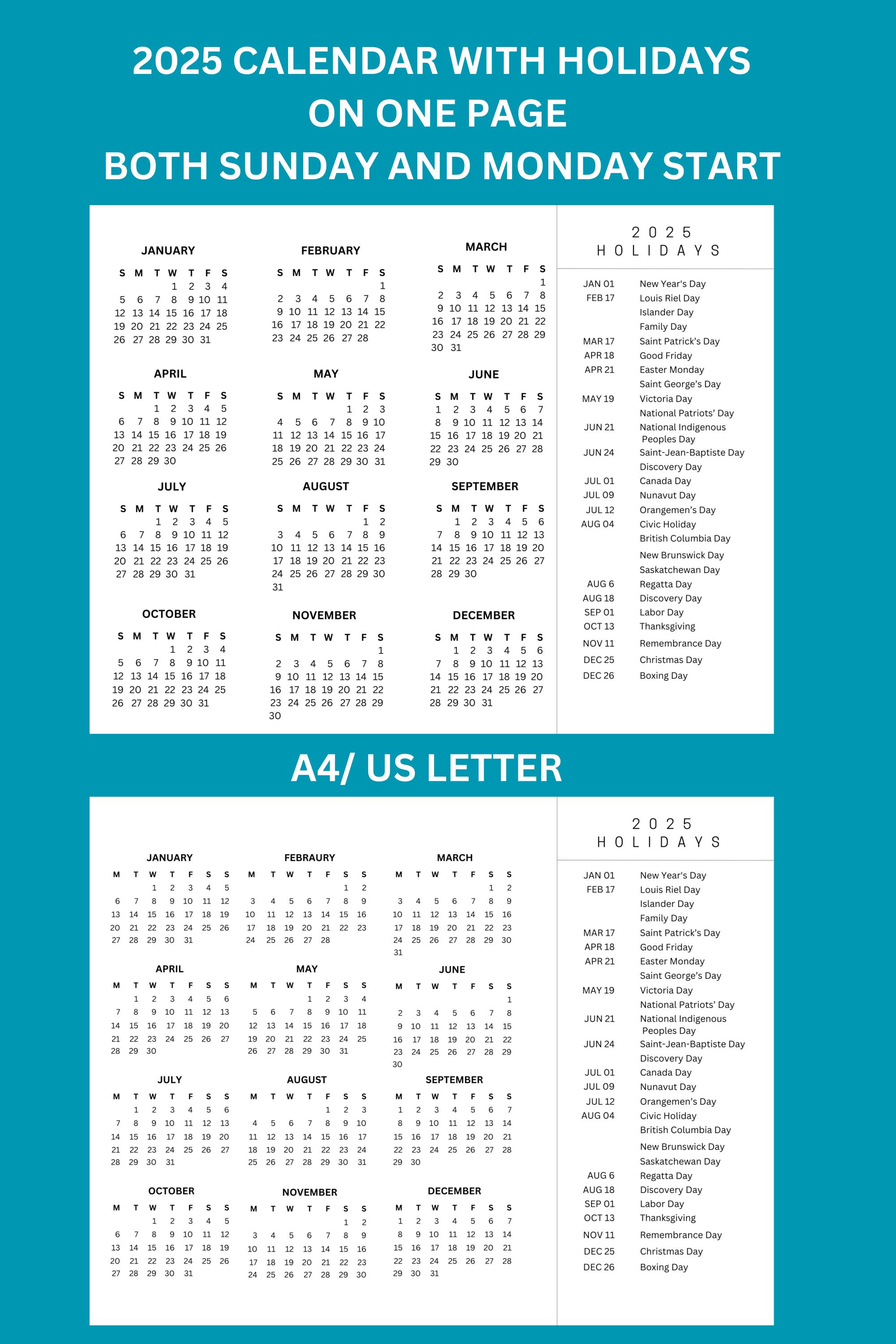 Canada 2025 Year Calendar With Holidays on One Page, Printable ...