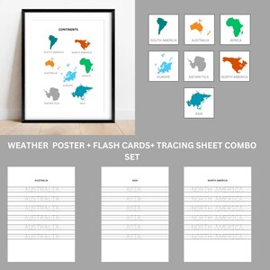 Continents Poster, Nursery Print With Worksheet and Flashcards Playroom ...