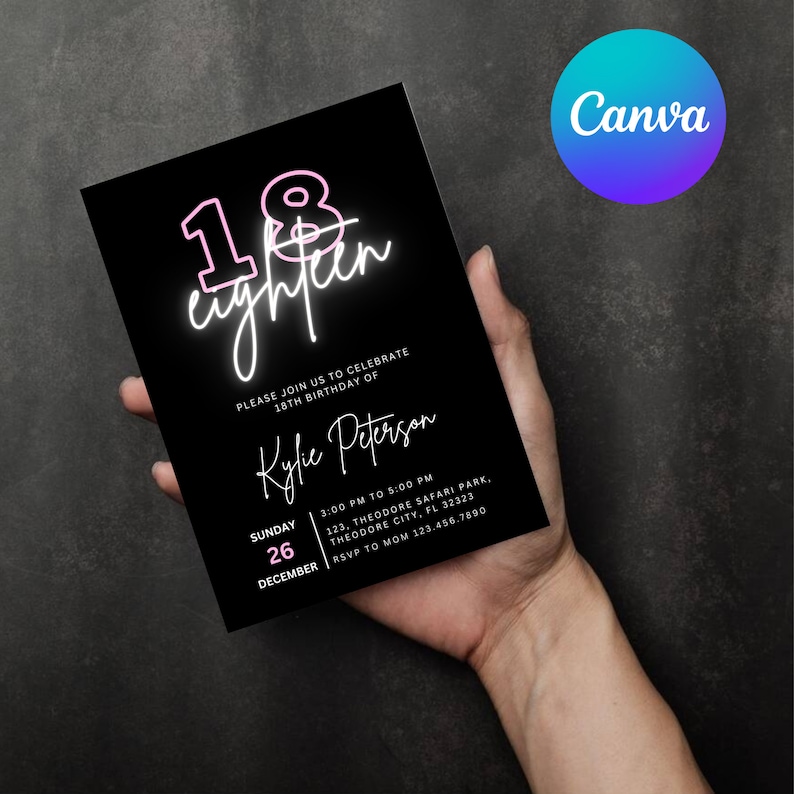 18th Birthday Invitation Template | Glow Birthday Invite Canva - Etsy