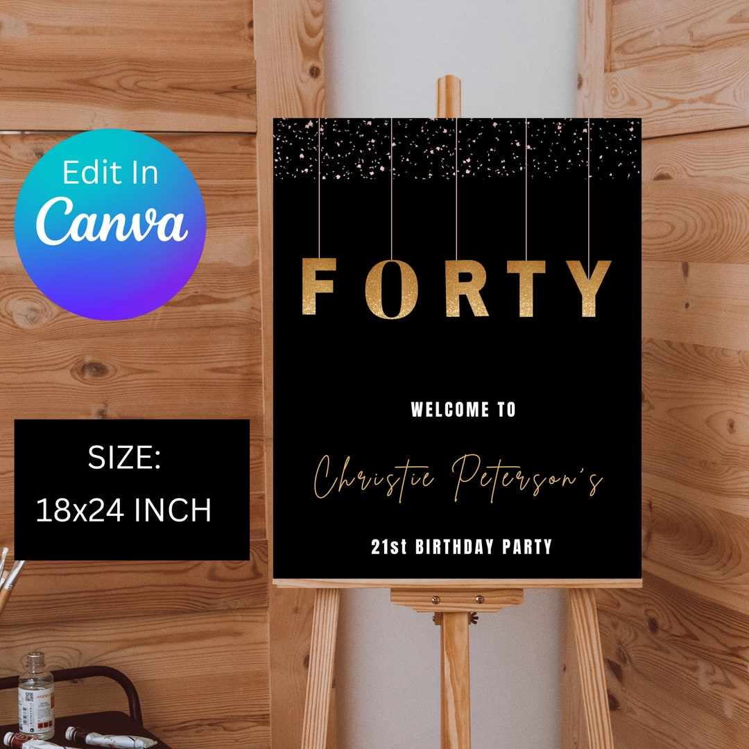 40th Welcome Sign Golden Glitter Sparkle, Forty Birthday Welcome Sign ...