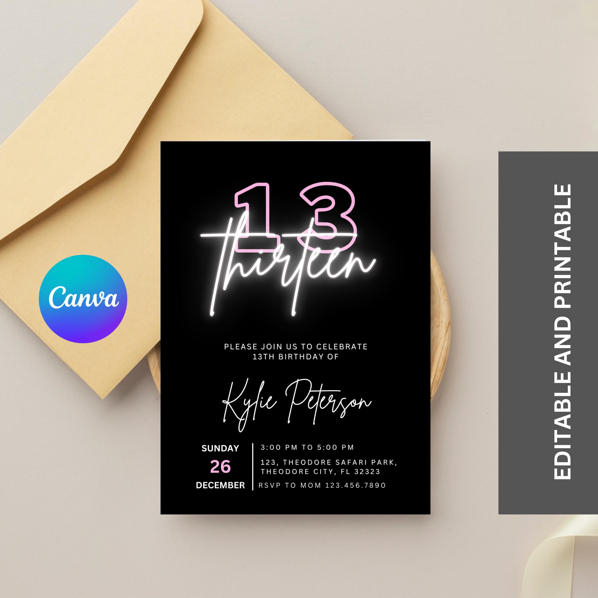 13th Birthday Invitation Template Glow Birthday Invite Canva for Girl ...