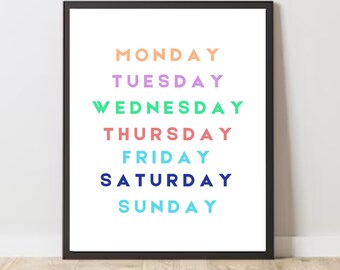 Rainbow Days of the Week, Playroom Educational Poster, Rainbow Nursery ...