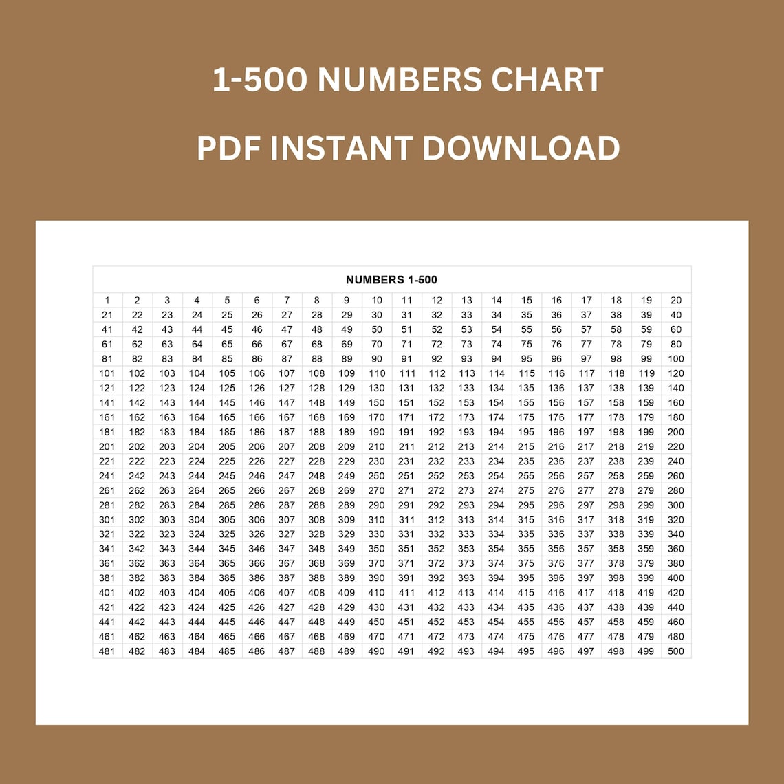Number Chart 1-500 | Numbers 1 to 500 Printable | Numbers and Counting ...