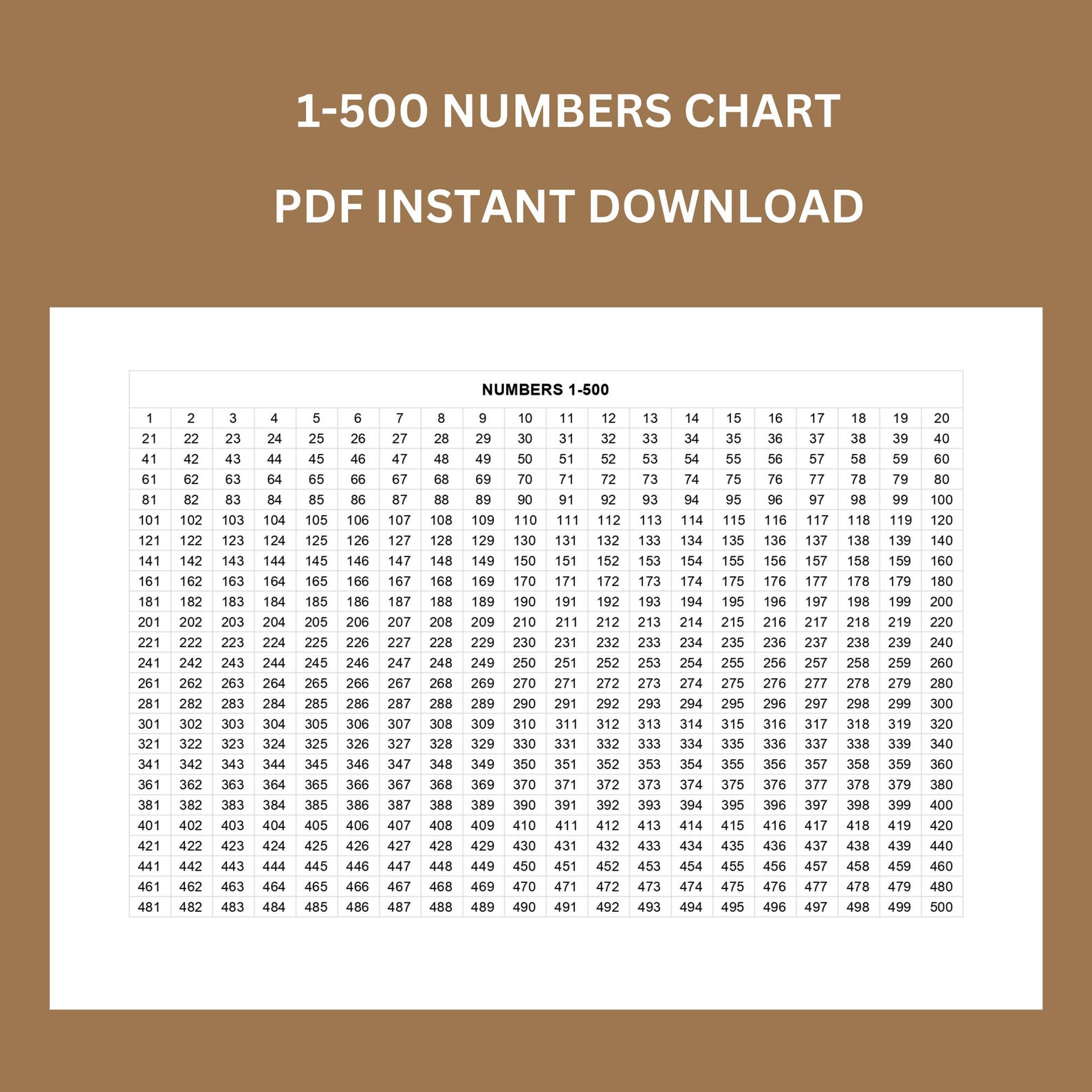 Number Chart 1-500 | Numbers 1 to 500 Printable | Numbers and Counting ...