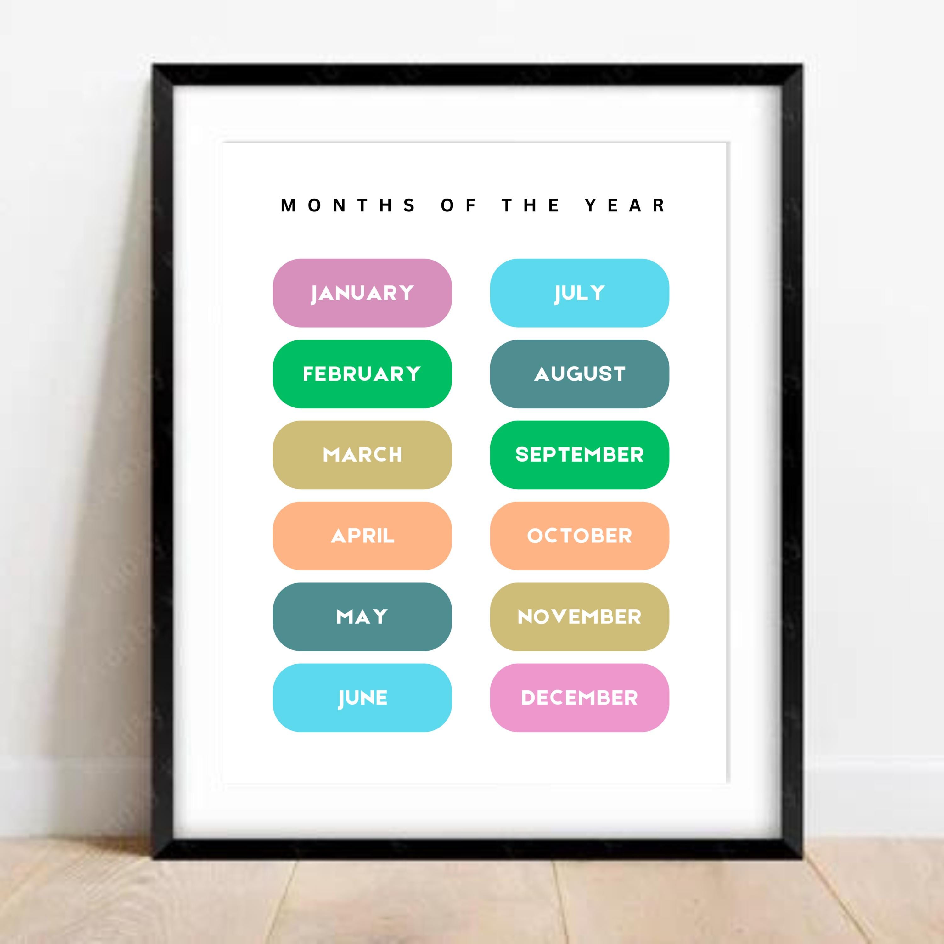 Months of the Year Poster, Playroom Educational Poster, Rainbow Nursery ...
