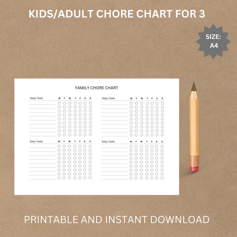Family Chore Chart for 4 Kids / Adults Printable Template, Weekly ...