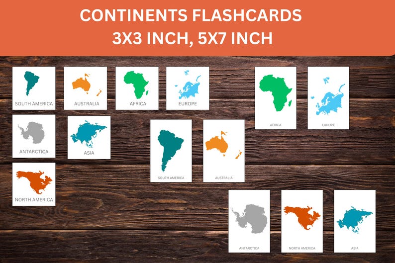 Continents Flashcards, Continent Map Flash Playroom Educational Poster ...