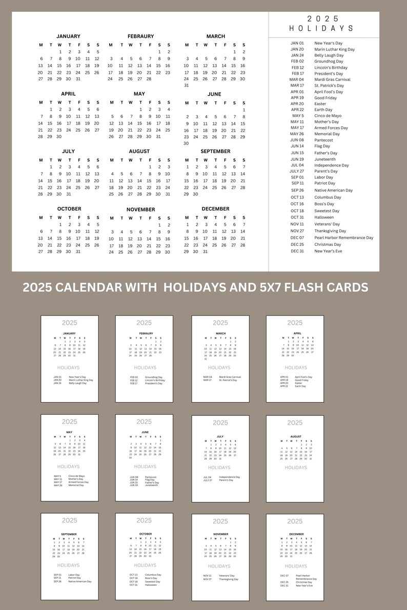 2025 Year Calendar With Holidays on One Page and Mini Flashcards 5X7 ...