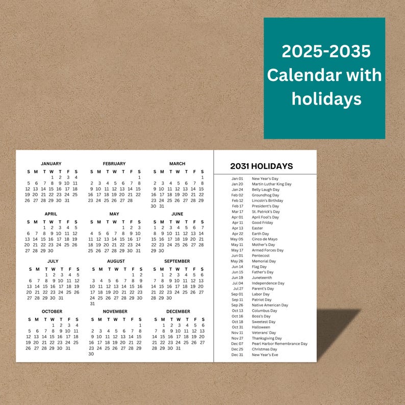 2025-2035 Calendar With Holidays Instant Download PDF (one Page ...