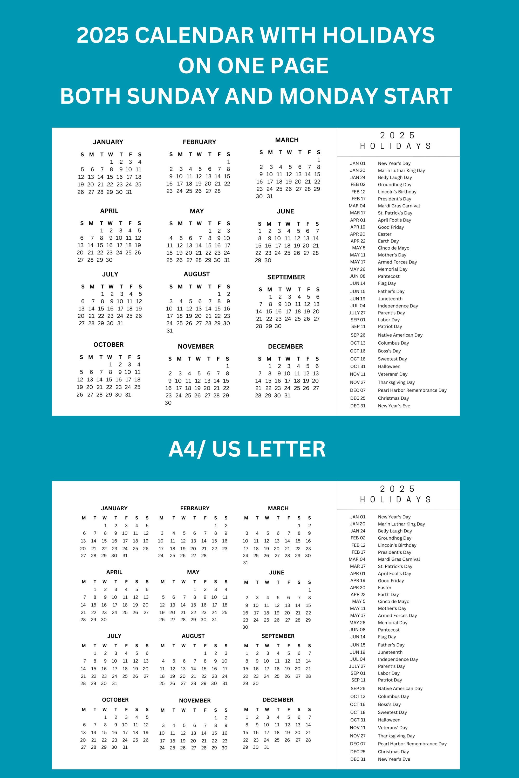 2025 Year Calendar With Holidays on One Page, Printable, Landscape ...
