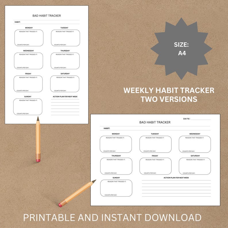 Printable Bad Habit Tracker, Habit Loop, Habit Analyzer, Habit Patterns ...