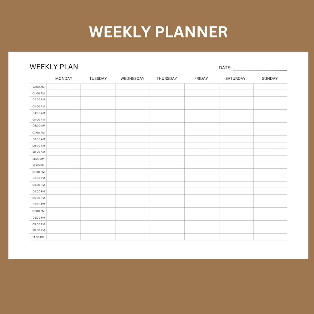 24 Hour Weekly Schedule, Weekly Planner Printable, Week at a Glance ...