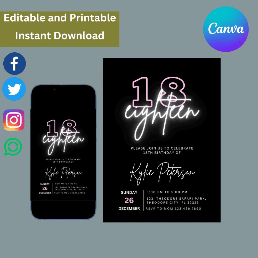 18th Birthday Invitation Template | Glow Birthday Invite Canva - Etsy