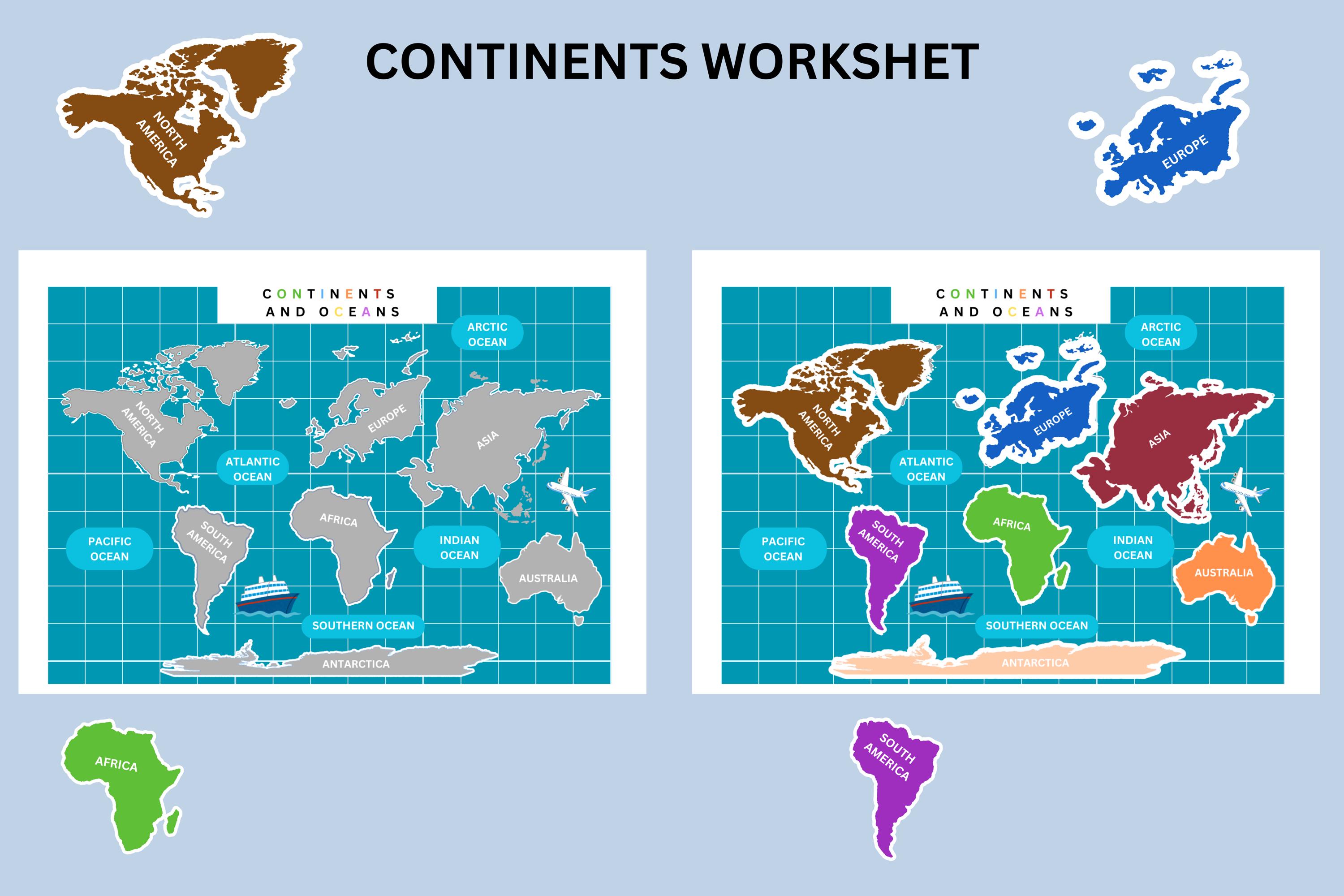 Continent and World Map Printable, Continents of the World, Preschool ...
