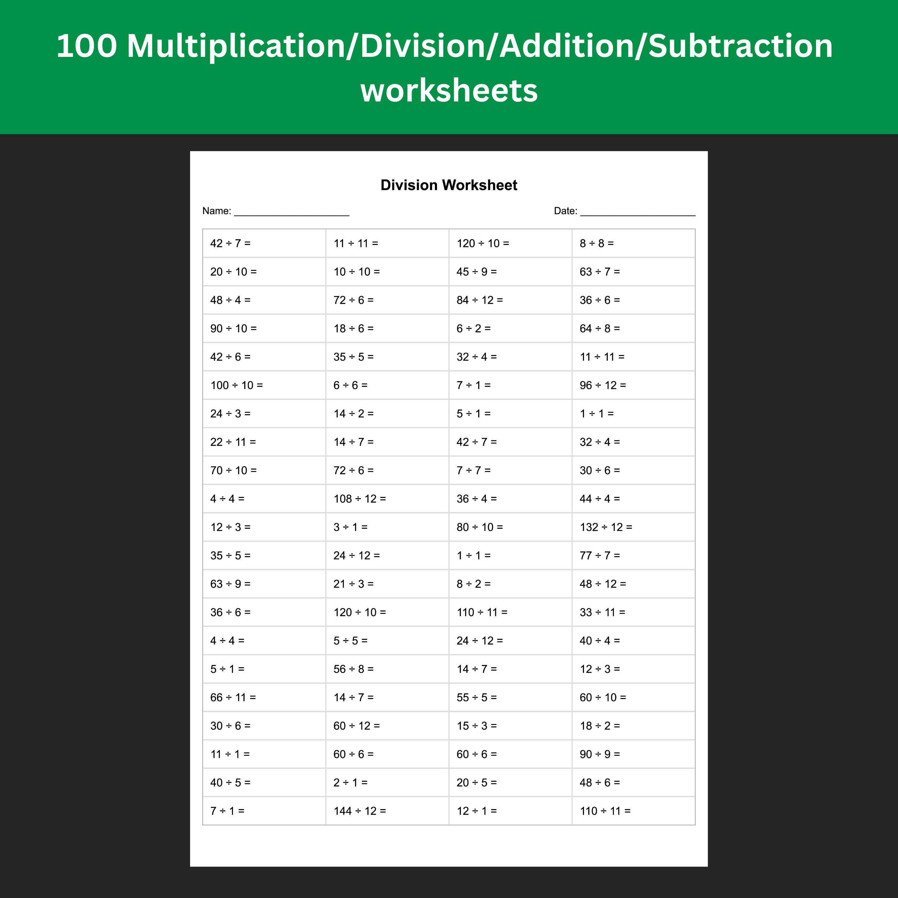 100 Printable Addition Multiplication Subtraction Division Worksheet ...