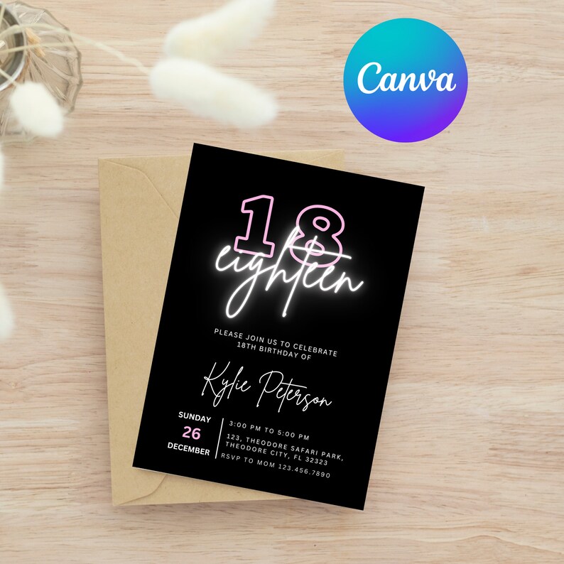 18th Birthday Invitation Template | Glow Birthday Invite Canva - Etsy