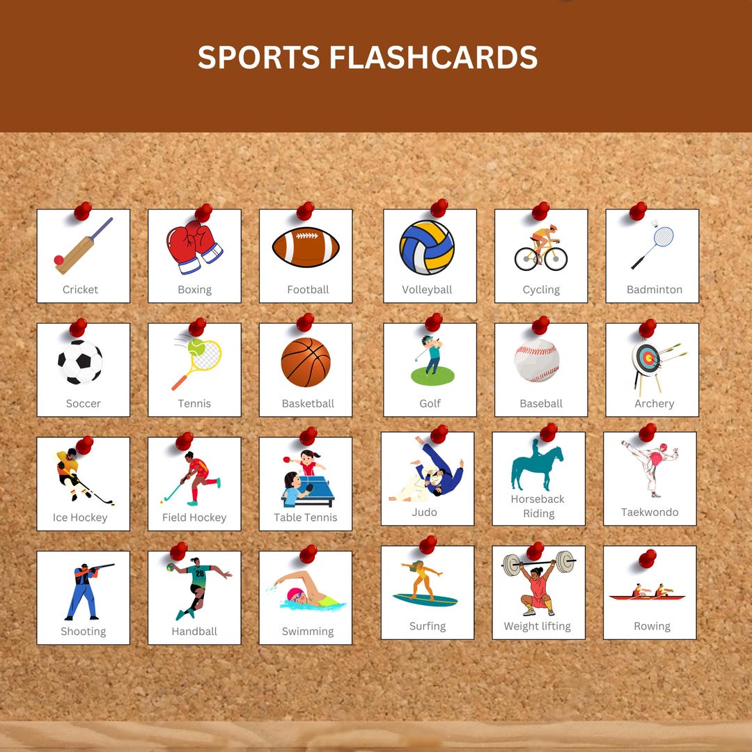 Sports Flashcards Set of 24 Sizes 3x3 Inch and 5x7 Inch, A4 Printable ...