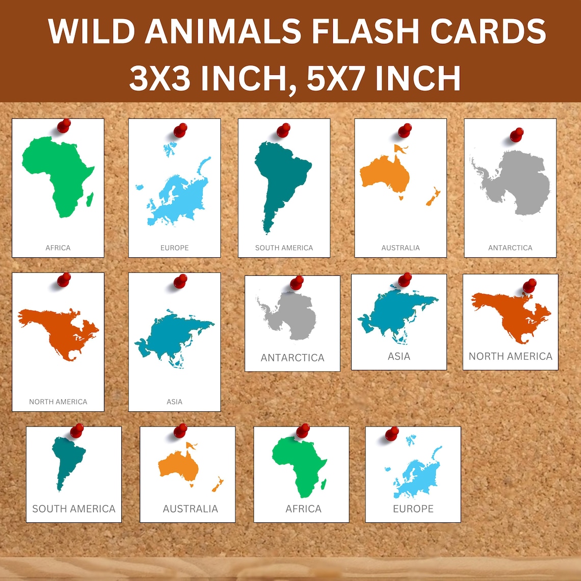 Continents Flashcards, Continent Map Flash Playroom Educational Poster ...